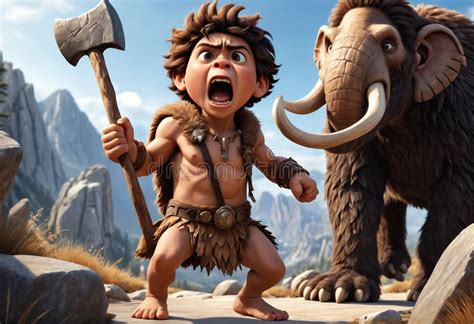 Little Boy Dressed In Skins Hunts A Mammoth Generative Ai Stock
