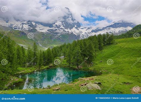 Summer Alpine Landscape On The Blue Lake Lago Blu Near Breuil Cervinia