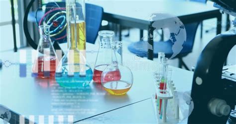 Image Of Globe And Scientific Data Processing Over Laboratory Stock
