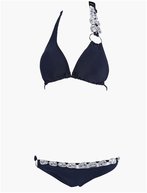 Hot Dark Navy Blue Nylon Metal Chain Halter Two Piece Bikini