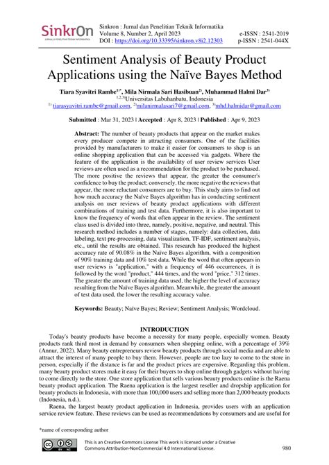 Pdf Sentiment Analysis Of Beauty Product Applications Using The Naïve