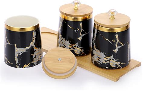 Btsky Black Ceramic Canister With Wood Lid And Tray Airtight 3pcs