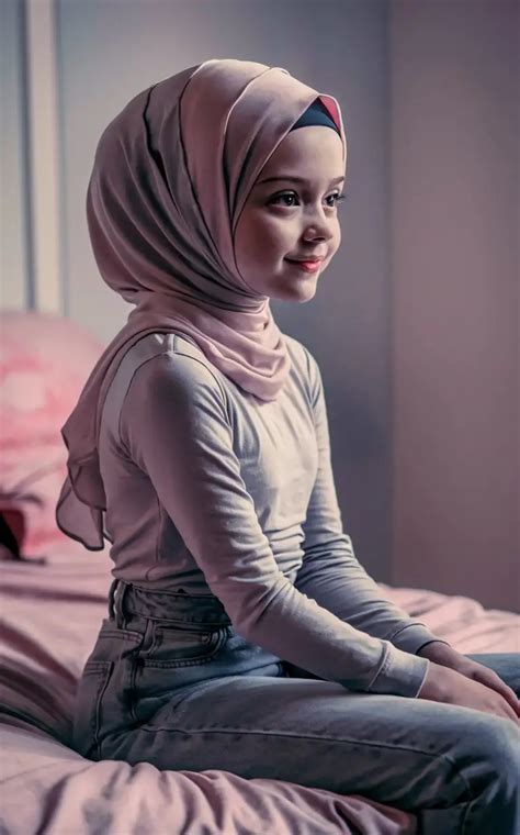 Elegant Muslim Teen Girl Sitting On Bed In Skinny Jeans And Hijab Ai