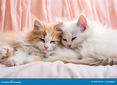Two Small Domestic Kittens Sleeping Hugging Each Other At Home Lying On