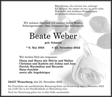 Traueranzeigen Von Beate Weber Rz Trauer De