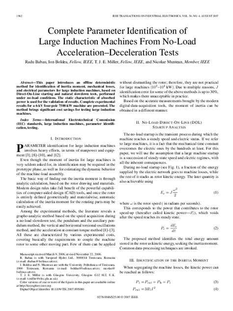 Pdf Complete Parameter Identification Of Large Induction Machines From No Load Acceleration