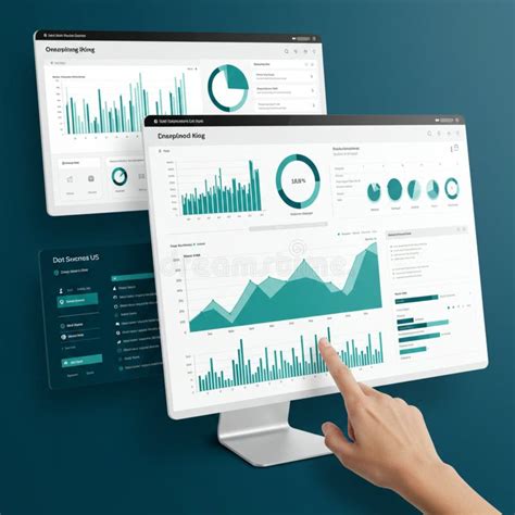 A Hand Interacts With A Modern Computer Monitor Displaying Multiple Data Analysis Stock