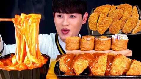 Asmr 모짜체다치즈 떡볶이와 바사삭 돈까스 명란마요 날치알 스팸 크래미 유부초밥 먹방~ Cheese Tteokbokki