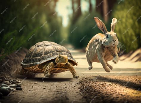 Premium Ai Image The Rabbit And The Turtle Running Race In The Forest