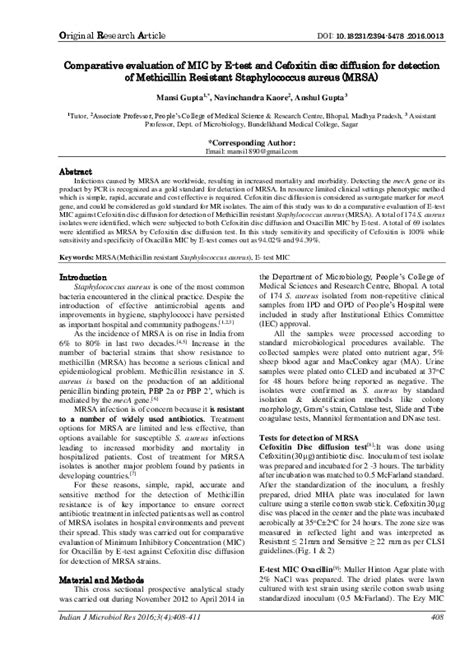Pdf Comparative Evaluation Of Mic By E Test And Cefoxitin Disc Diffusion For Detection Of