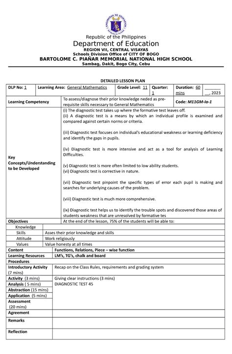 Diganostic Test Diagnostic Test Republic Of The Philippines