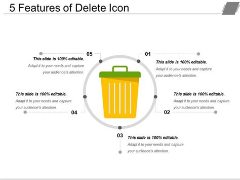 5 Features Of Delete Icon Graphics Presentation Background For PowerPoint PPT Designs