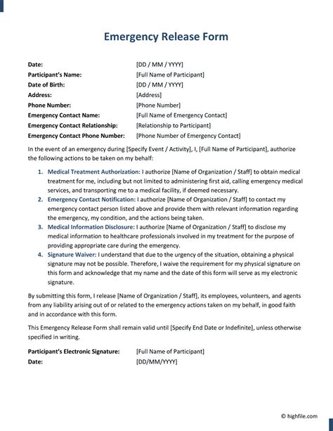 Emergency Release Form 18 Printable Emergency Medical Consent Form