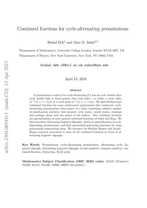Pdf Continued Fractions For Cycle Alternating Permutations