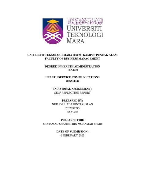 Self Reflection Hsm474 Individual Assignment Pdf Communication