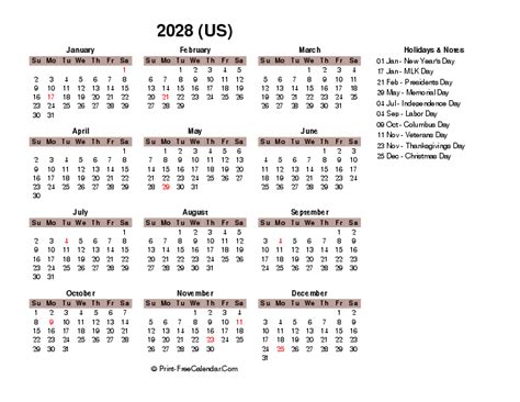 2028 Usa Calendars With Holidays In Pdf Word Excel
