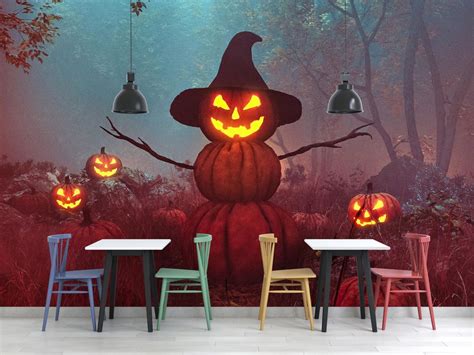Witch Pumpkin Forest Wallpaper Mural Scary Halloween Night Horror