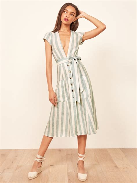 Boho Ladies Sex Linen Stripe Midi Dresses With Pocket Dress For Women