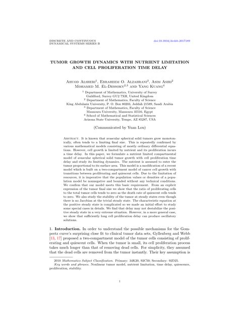 Pdf Tumor Growth Dynamics With Nutrient Limitation And Cell Proliferation Time Delay