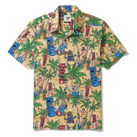 Mens Retro Tiki Hawaiian Shirt Short Sleeve Camp Collar Aloha Shirt
