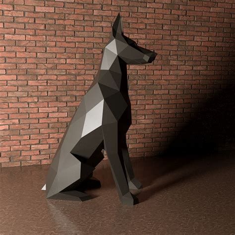 Dxf سگ نشسته نژاد دوبرمن فلزی بهمراه نقشه ساخت الگو مجسمه هندسی Polygon Lowpoly