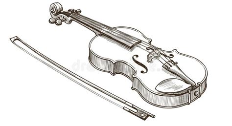 Black And White Illustration Of A Violin And Bow The Violin Detailed With Strings F Holes