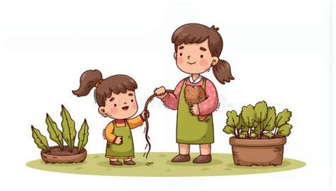 Cute Chibi Mother And Daughter Gardening With Pet Stock Illustration