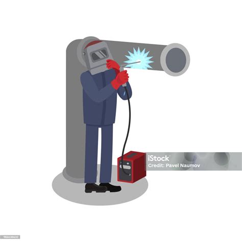 대형 철 파이프를 수리 하는 전문 용접기 남자 용접 기계를 사용 하 여입니다 노동자 보호 복장입니다 평면 벡터 디자인 날씨에 대한 스톡 벡터 아트 및 기타 이미지 Istock