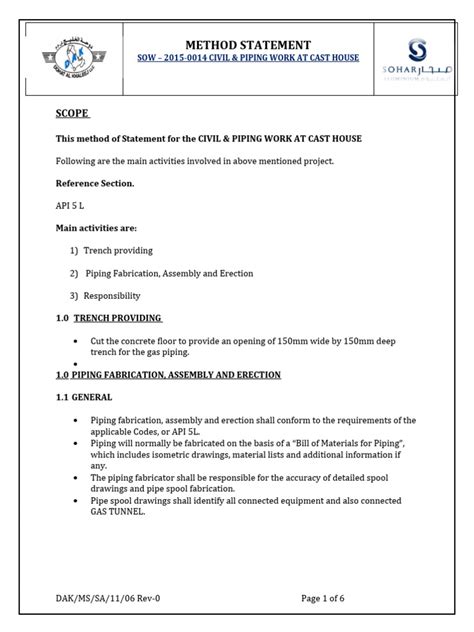 Method Statement For Civil And Piping Work In Cast House Pdf Pipe
