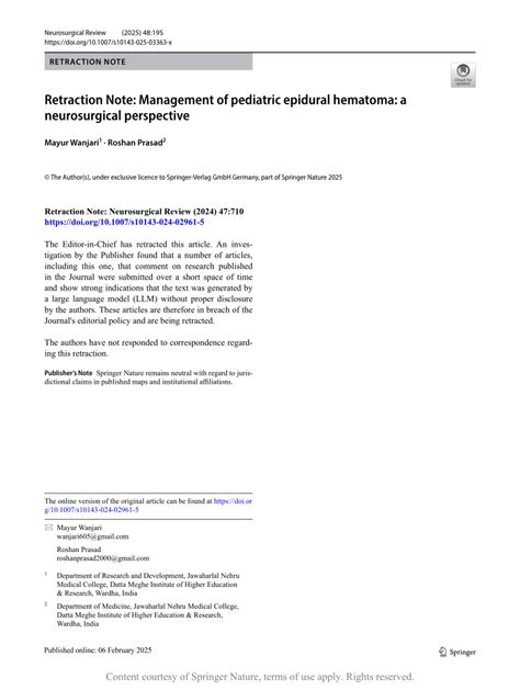 Retraction Note Management Of Pediatric Epidural Hematoma A