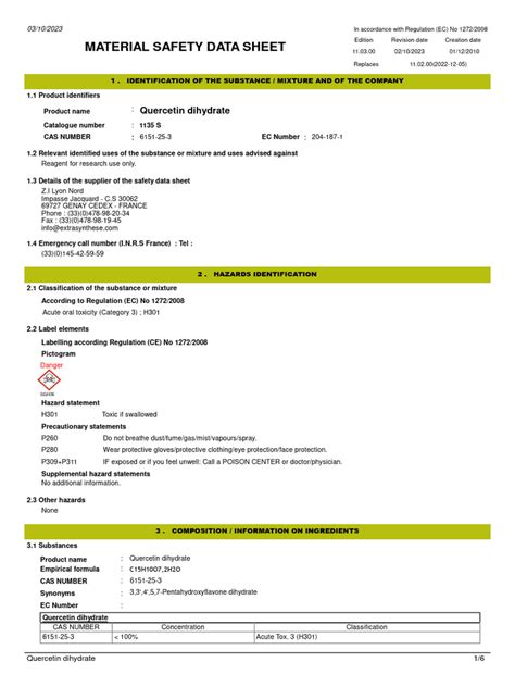 Msds Quercetin Pdf Occupational Safety And Health Safety