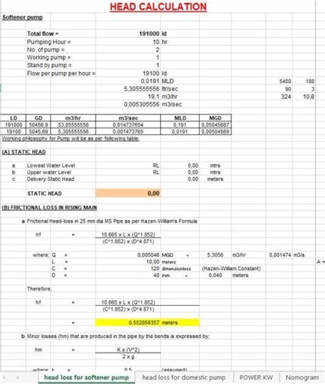 Head Loss Pump Calculation Spreadsheet