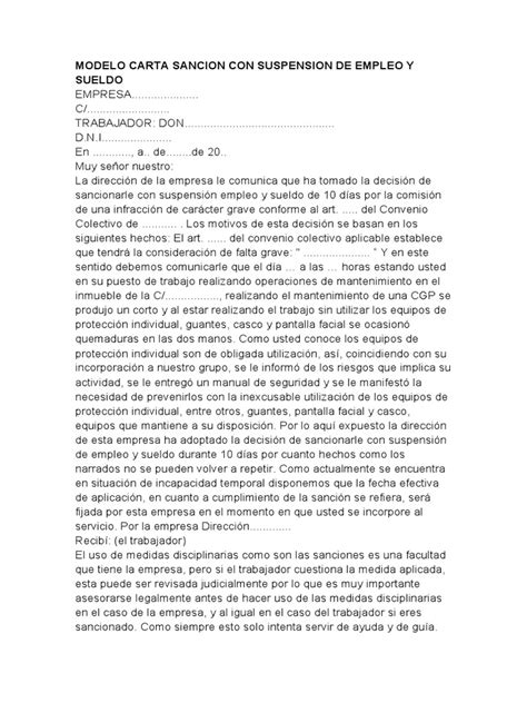 Modelo Carta Sancion Con Suspension De Empleo Y Sueldo Pdf