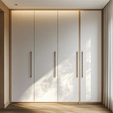 White And Wooden Wardrobe With Brass Handles In The Interior Of A