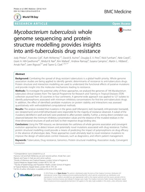 Pdf Mycobacterium Tuberculosis Whole Genome Sequencing And Protein Structure Modelling
