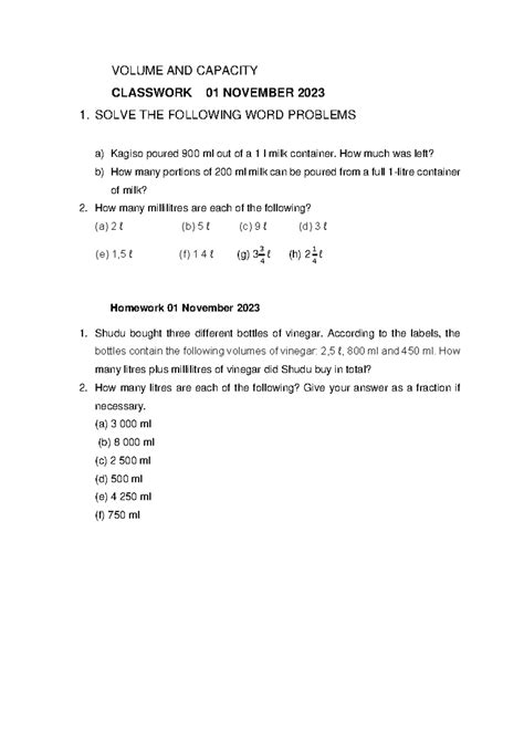 Grade 4 Classworks Term 4 Volume And Capacity Classwork 01 November 2023 1 Solve The