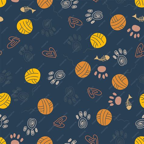 Premium Vector A Pattern Of Paw Prints And Balls Of Yarn Print In