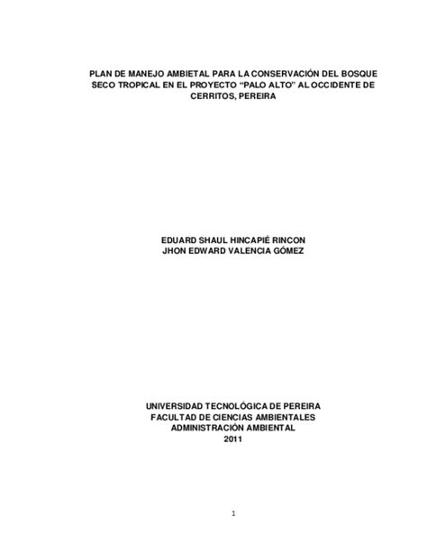Pdf Plan De Manejo Ambiental Para La Conservación Del Bosque Seco Tropical En El Proyecto