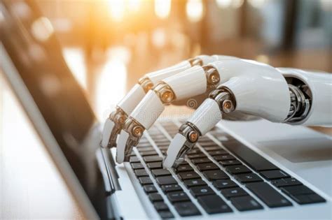Robot Hand Typing On Laptop Keyboard Artificial Intelligence And Automation Stock Illustration