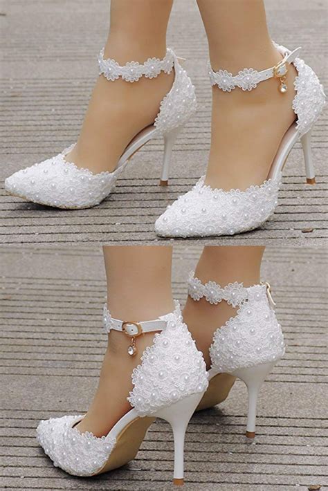 Women High Heels Sandals White Lace Pearls Wedding Shoes Pointed Toe
