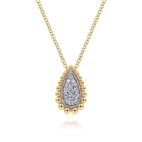 14k Yellow Gold Teardrop Diamond Pave Pendant Necklace With Beaded Frame
