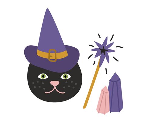 A Wizard Cat In A Hat With A Magic Wand And Crystals For Halloween