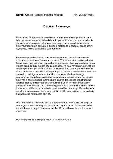 Discurso Liderança Otávio Pdf Nome Otávio Augusto Pessoa Miranda