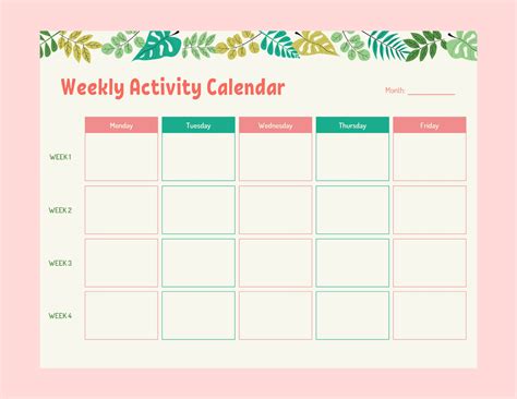 Printable Weekly Activity Calendar Etsy Australia