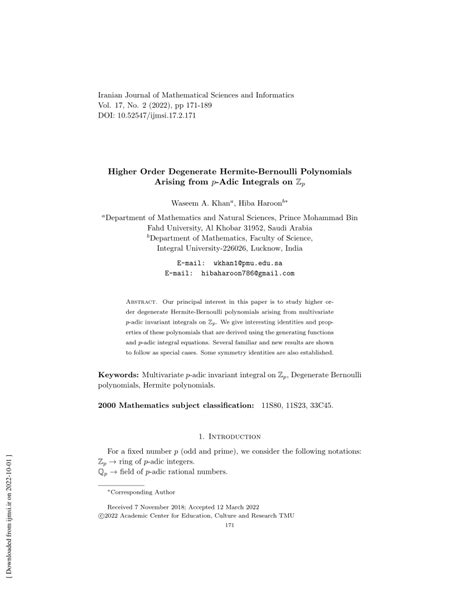 Pdf Higher Order Degenerate Hermite Bernoulli Polynomials Arising