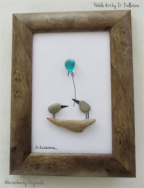 Pebble And Sea Glass Art Bird Holding Teal Balloon