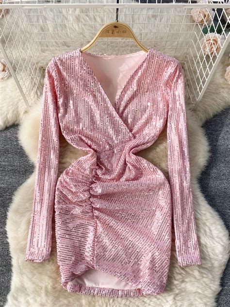 Bodycon Elbise Kad Nlar Seksi V Yaka Uzun Kollu Pileli Pullu Elbiseler