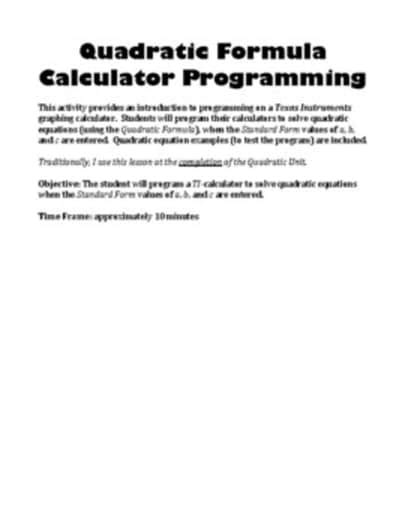 Quadratic Formula Calculator Programming By Algebra And Geometry