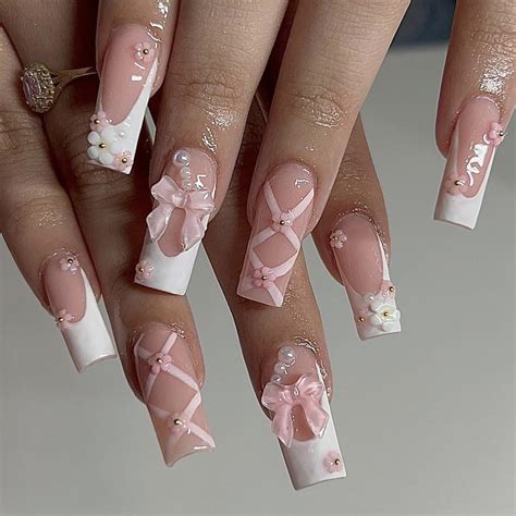 Press On Nails Long White French Nails Pink Nails Fingernails For