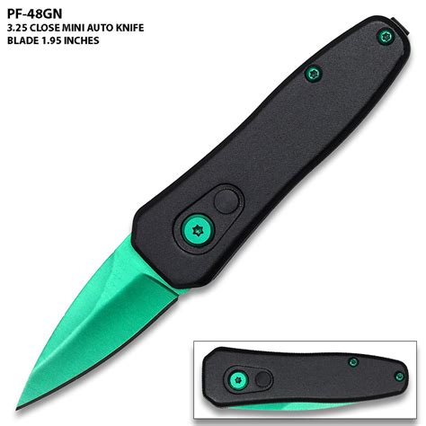 Green Push Button Legal Auto Knife Black Handle Edge Import